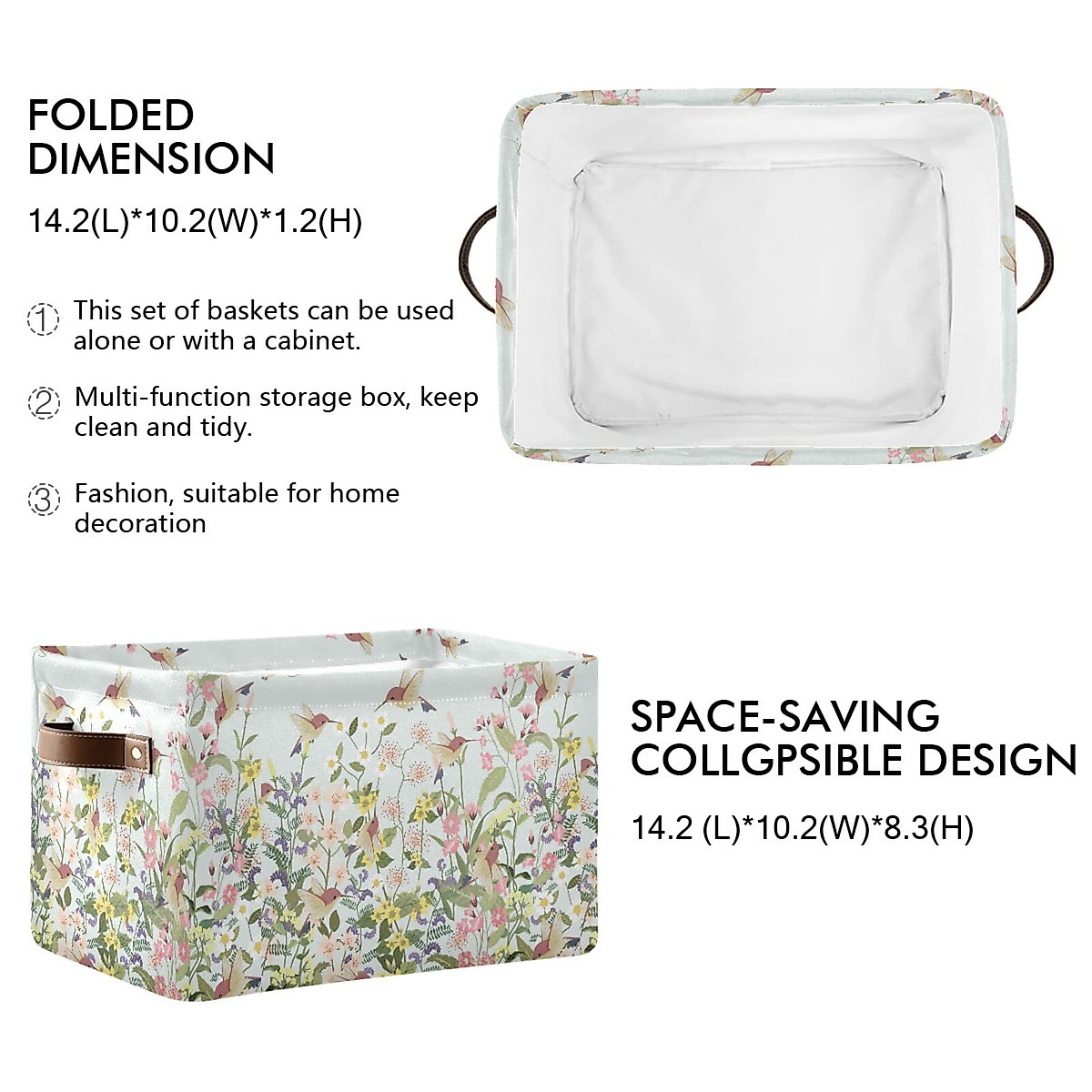 xigua Hummingbirds Foldable Canvas Storage Bin, Sturdy Fabric Storage Basket with Handles, Storage Cube Box for Organizing Shelf Nursery Toy Closet 2PCS