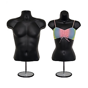 DisplayTown Black Male and Female Mannequin Torso with Metal Stand Hollow Back Body Stackable Dress Form for Tshirt Display, Countertop, Craft Shows, Photos and Design, S-M Clothing Size
