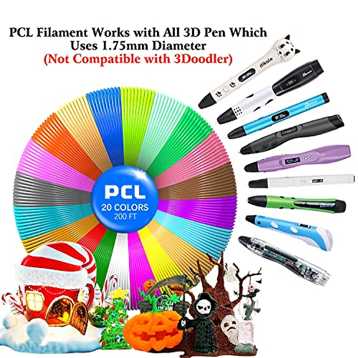 3D Printing Pen PCL Filament Refills 1.75mm, Pack of 20 Colors, Low Melting Temp of 70℃, High-Precision Diameter, Non-Toxic Non-Clogging (200 FT)