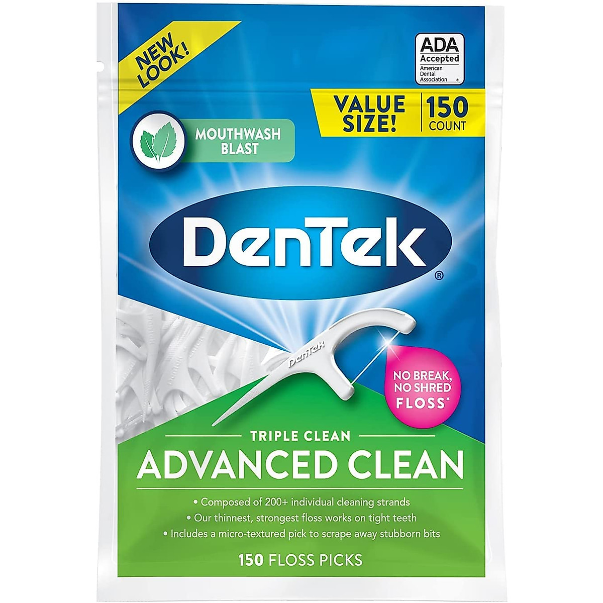 Dentek Triple Clean Floss Picks, Mouthwash Blast Fluoride Coating, 150-Count (2-Pack)