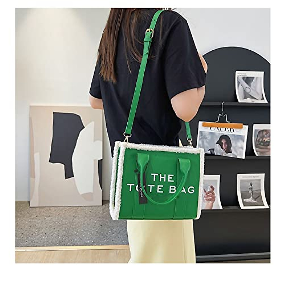 The Tote Bag for Women, Letter Handbag Tote Bag, Lamb Fur + Leather Shoulder/Crossbody Bag, for Office, Travel, School