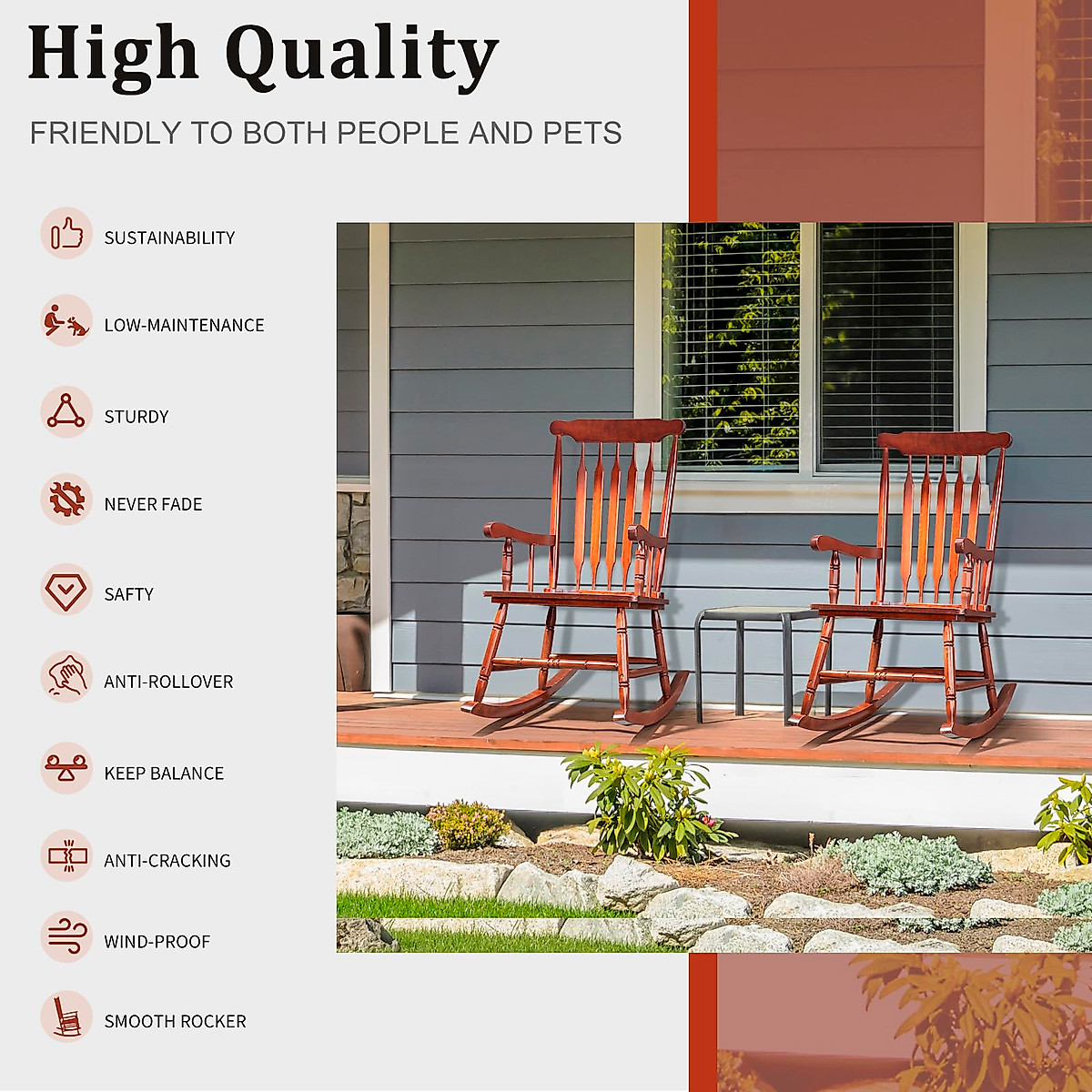 VINGLI Solid Wooden Rocking Chair, Outdoor Rocking Chair with Higher Backrest, Patio Rocker with Comfortable Seat, All Weather Rocking Chair for Garden, Yard, Balcony, Brown