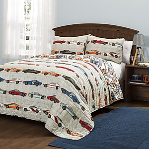Lush Décor Lush Decor Beige Race Car Kids' 2-Piece Quilt, Reversible Bedding Set for Boys (Twin), Blue/Orange