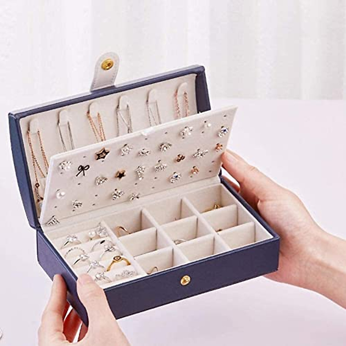 ZZYINH AN207 Women Jewelry Box Portable Travel PU Leather Jewelry Storage Box Earring Necklace Plate Girls Jewelry Organizer Small Jewelry (Color : Blue)