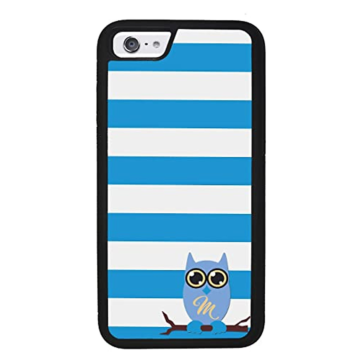 Blue and White Bars Owl Personalized Apple iPhone Black Rubber Phone Case Compatible with iPhone 14 Pro Max, Pro, Max, iPhone 13 Pro Max Mini, 12 Pro Max Mini, 11 Pro Max X XS Max XR 8 7 Plus