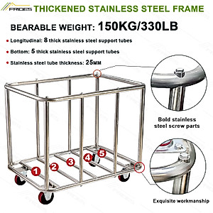 Commercial Laundry Cart with Wheels, 11.35 Bushel Large Laundry Tumbler with Removable Waterproof Canvas Lined Basket, Heavy Duty Stainless Steel Laundry Basket for Hotels and Hospitals