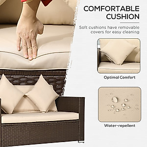 Outsunny Patio Wicker Loveseat with Cushions, 2-Seat Outdoor PE Rattan Couch, Sofa with Throw Pillows for Porch, Backyard, Garden, Poolside, Beige