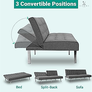 Naomi Home Tufted Split Back Futon Convertible Sofa Bed, Futon Couches for Living Room, Linen Futon Couch Bed with Chrome Legs, Folding, Reclining Small Convertible Sofa Bed, Gray