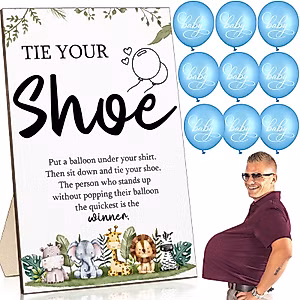 Roowest 51 Pcs Tie Your Shoe Baby Shower Game Woodland Safari Baby Shower Sign 50 Baby Latex Balloons Gender Reveal Party Favors Jungle Baby Shower Games for Boys Girls(Blue)
