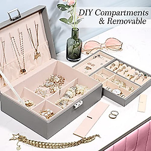 Allinside Jewelry Box Organizer for Women Teen Girls, 2 Layers PU Leather Jewelry Display Storage Case with Lock, Velvet Lining, Choice, Gray