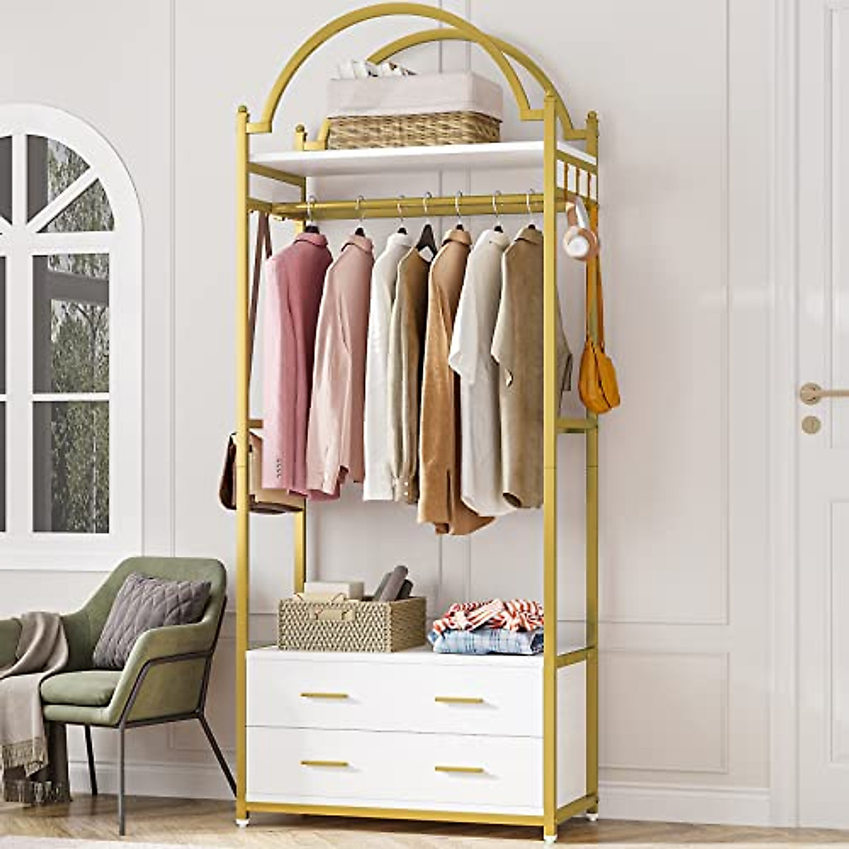 LITTLE TREE Tall Clothes Rack Shelves with Shelves Drawers and Hooks, Modern Arced Closet Organizer Heavy Duty Garment Clothing Freestanding Wardrobe Storage Shelving with Hanging Rod, White Gold