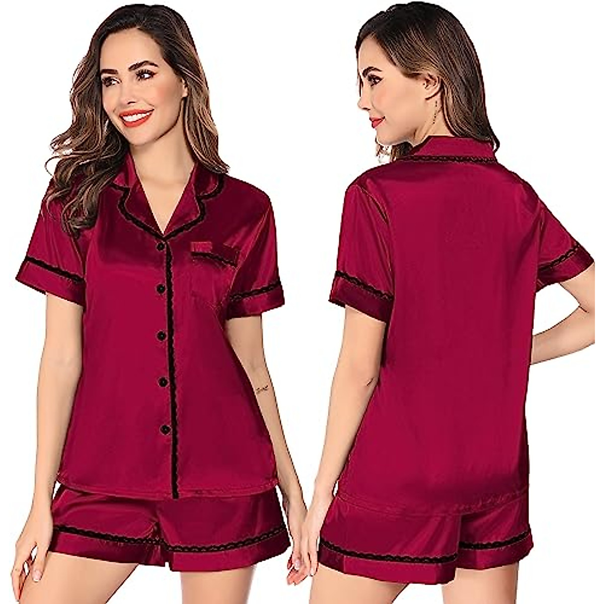 SWOMOG Summer Silk Pajamas for Women Satin Pjs Two Piece Soft Lace Lounge Shorts Button Down Pj Short Sleepwear Loungewear Wine Red