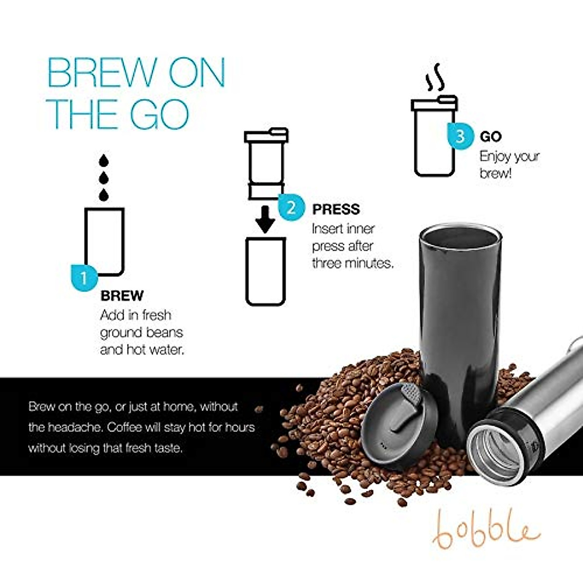 bobble French Coffee Presse, On-The-Go use, Quick Brew, Slim Design, Triple Wall Insulation, 14 oz (Black)
