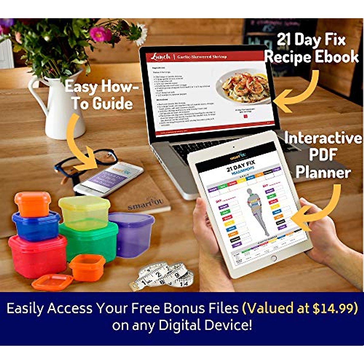 21 Day Portion Control Containers Kit - Nutrition Diet, Multi-Color Coded Weight Loss System. Complete Guide + PDF Planner + Recipe eBook and Tape Measure - BPA Free - 14 PC Labeled