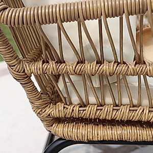 NICESOUL® 3 Pcs Boho Outdoor Small Patio Furniture Chair Set with Beige Cushion and Round Glass Table Side Table Natural Color Wicker Conversation Chair Set Bistro Set for Garden Balcony Deck Porch