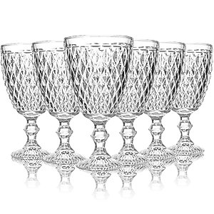ZOOFOX Set of 6 Water Goblet Glasses, 10 oz Stemmed Wine Glasses with Embossed Design, Vintage Drinking Glassware for Anniversary, Wedding, Party, Housewarming Gift