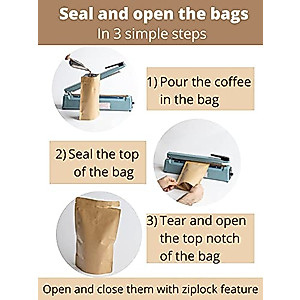 Kraft Coffee Bags with Valve Pack of 40 - Up to 326 grams (11.5 oz) - Size 6x10 Inches – Resealable Beans Storage with Vented Degassing Valve – Coffee Bean Sacks – 8 oz Coffee Packaging Bags