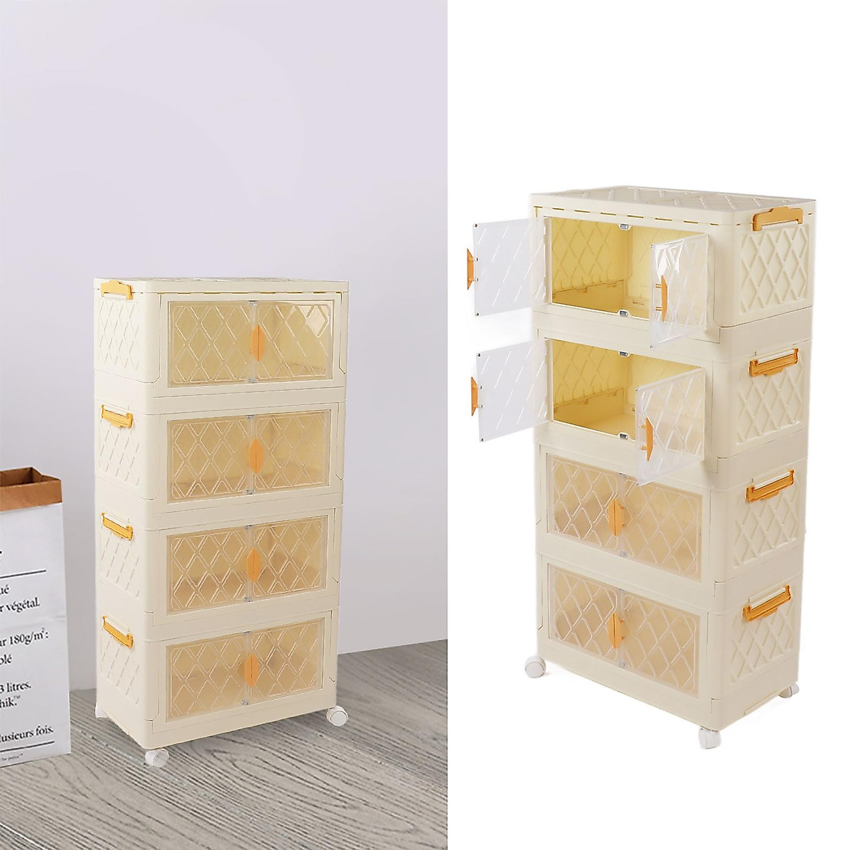 Collapsible Storage Bins with Double Opening Doors, Stackable Organizer with Wheels and Lids, Large Plastic Storage Cabinet for Bedroom, Living Room, and Office (53cm Wide) (4 Layers)