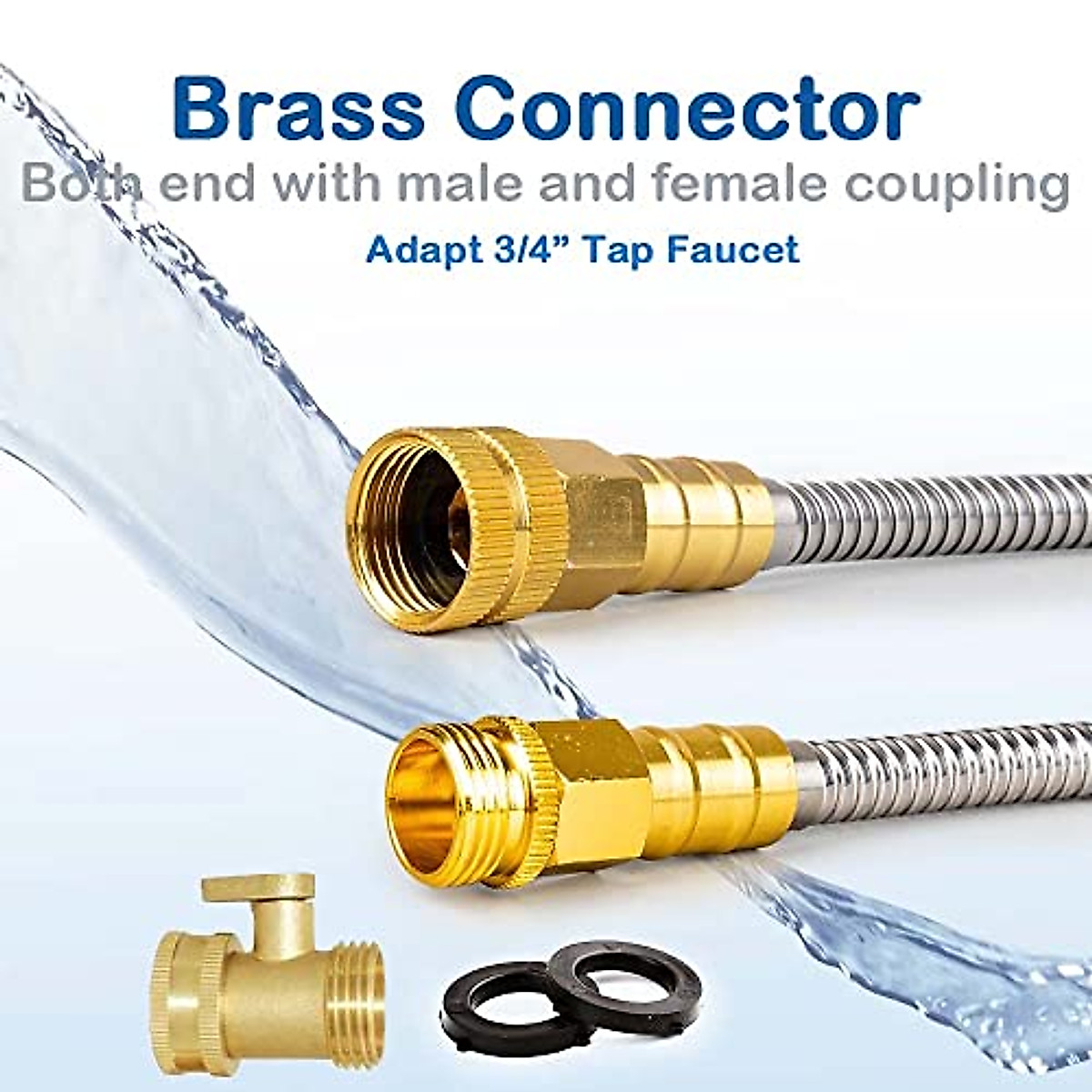 FANGFARM 304 Stainless Steel Metal Garden Hose with Brass Fittings, Shut Off Valve, Water Stop, Heavy Duty Water Hose, Kink Free and Flexible, Crush Resistant, Puncture Resistant(3FT)