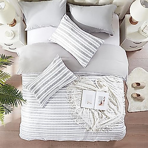 La Sheer 3pcs Striped Farmhouse Duvet Cover Sets King Size - Reversible White Duvet Cover with Grey Rugged Stripes Pattern Printed Comforter Cover,with Zipper Closure & Corner Ties