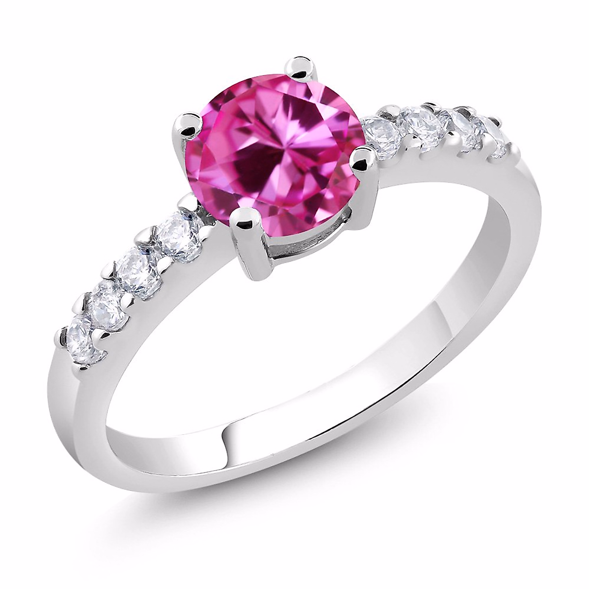 Gem Stone King Pink Created Sapphire Engagement Anniversary Promise Ring For Women (1.24 Cttw, Gemstone September Birthstone, Round 6MM, Available in Size 5,6,7,8,9)