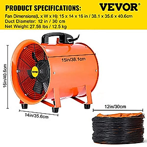 VEVOR Utility Blower/Exhaust Axial Hose Fan, 12 Inches, 3900 m3/h High Velocity Portable Ventilator, Low Noise Extractor Fan Blower with 16 ft / 5 m Duct Hose