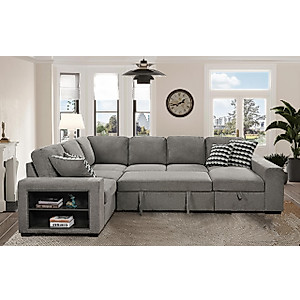 RENDGO 125'' U Shaped Oversized Sectional Sofa Couch with Cabinet,7 Seat Sectional Sleeper Sofa Bed with Storage Chaise, Pull Out Bed for Living Room,Grey