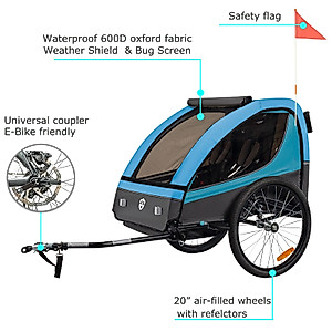 Veelar Sports Suspension Bike Trailer & Stroller 2 in 1 Double Seat for Toddlers, Kids, Child Bicycle Carrier Jogger (Blue)