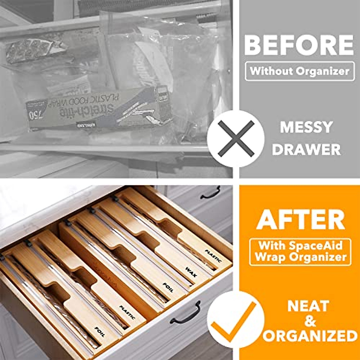 SpaceAid WrapNeat 2 in 1 Wrap Organizer with Cutter and Labels, Plastic Wrap, Aluminum Foil and Wax Bamboo Dispenser for Kitchen Storage Organization Holder for 12" Roll (Natural)