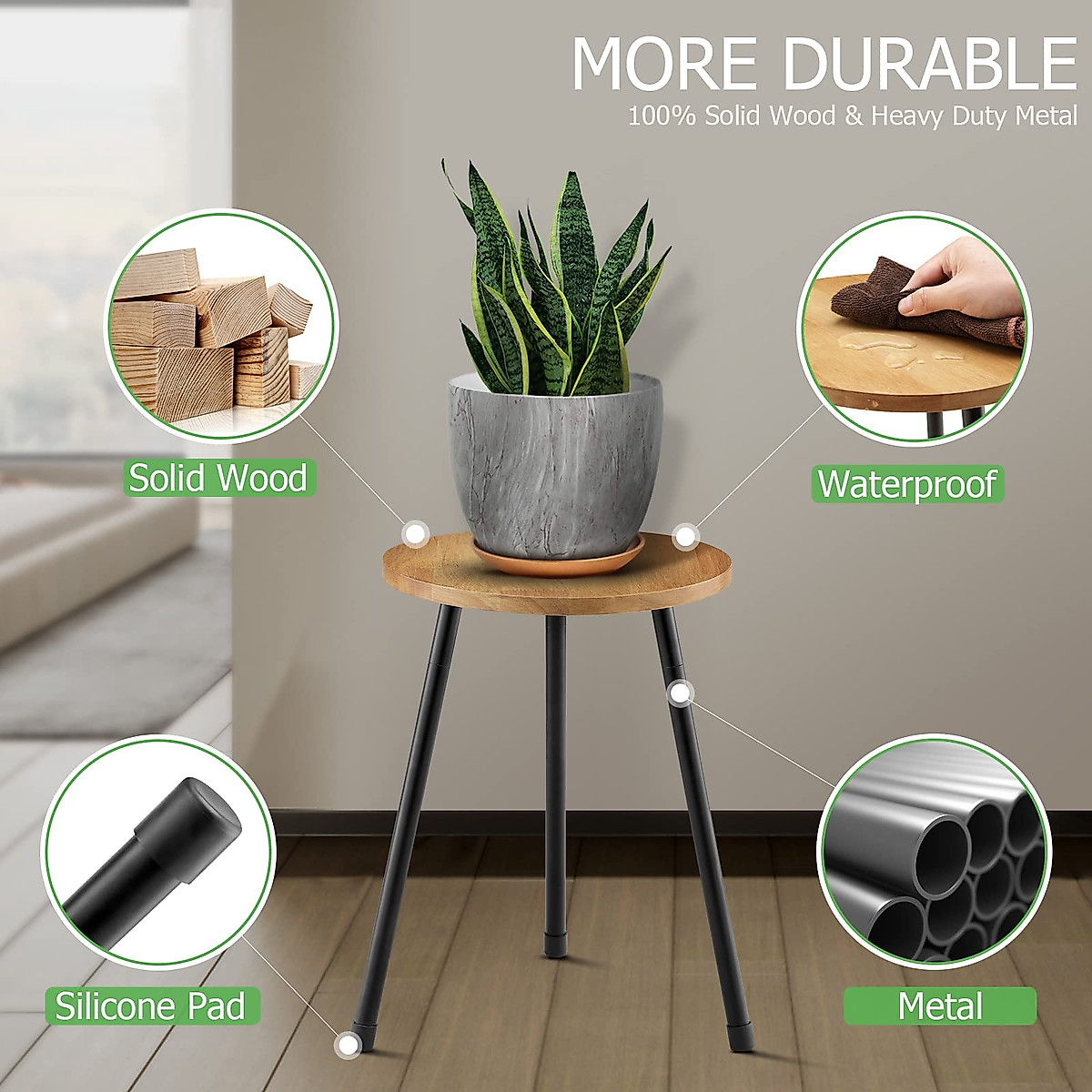 KINNARY Indoor Plant Stand, Mid Century Wood Plant Stand Plant Table for Flower Pots, Tall Metal Plant Holder, Modern Home Decor Small Round Side End Table (11.8"x16")