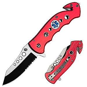 Dispatch Folding Pocket Knife Red Aluminum Handle with Saw Rope Cutter and Glass Breaker, Multifunction for Outdoor Hunting Camping Hiking EDC Tool