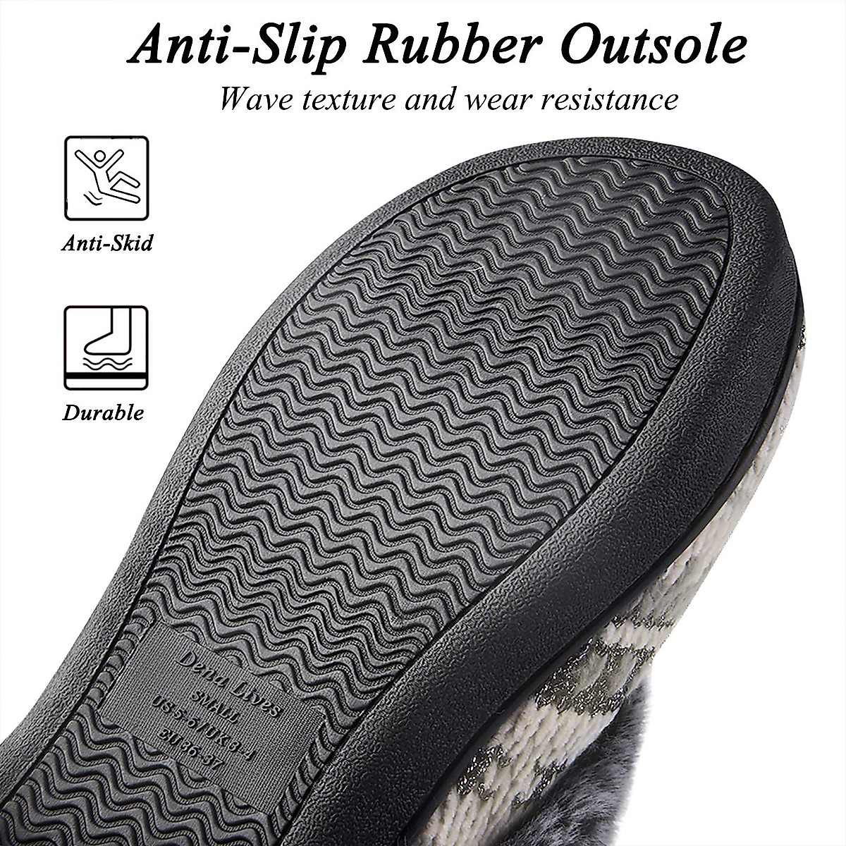 DL Women's House Slippers with Fuzzy Plush Faux Fur Collar, Memory Foam Slip on House Shoes with Indoor Outdoor Anti-Skid Rubber Sole, Grey/white, 7-8