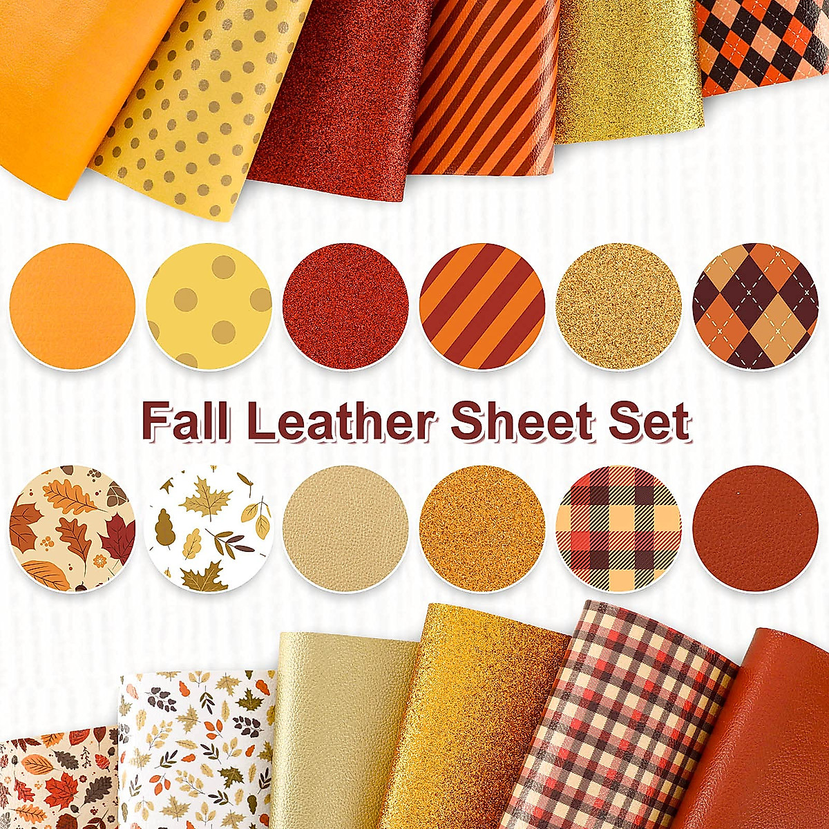 Whaline Fall Faux Leather Sheets 8 x 12 Inch Plaids Stripe Maple Leaves Synthetic Leather Fabric Glittery Orange Red Gold Faux Leather for Autumn Harvest Thanksgiving DIY Craft Earring Hair Bow, 12Pcs