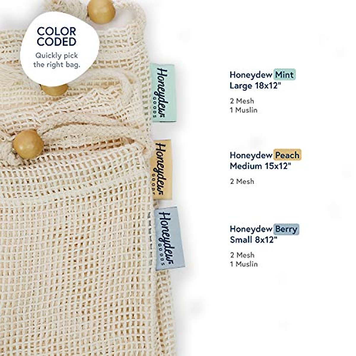 Organic Cotton Shopping Bags - Washable and Strong- Set of 8 - Food Storage and Produce Bags