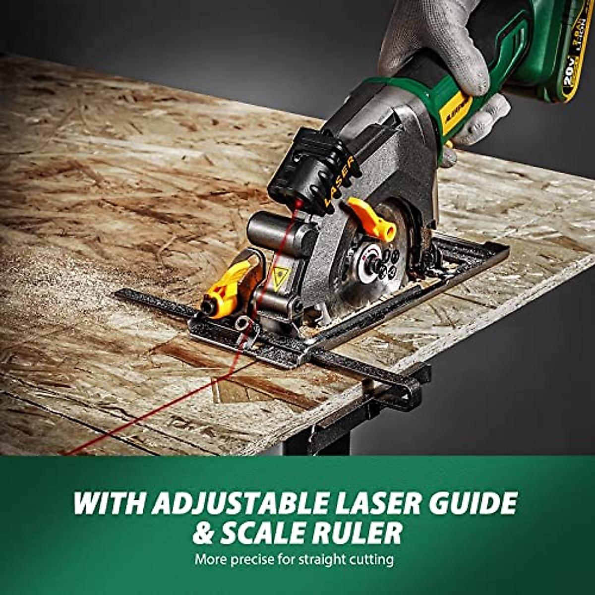 ALEAPOW K4 Cordless Circular Saw, 20V 4-1/2" Lightweight Mini Saw with 2.0Ah Battery, 1h Fast Charger, 2 Blades, Max Cutting Depth: 1-11/16”(90°), 1-1/8”(45°), Ideal for Wood, Plastic and Soft Metal…