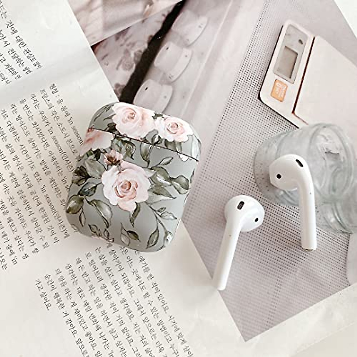 HJWKJUS Compatible with AirPods 1&2 Case for Women Girls, Pink Floral and Gray Leaves Pattern Case with Anti-dust Shockproof Protective Hard Cover for AirPods 1&2-Elegant Flower