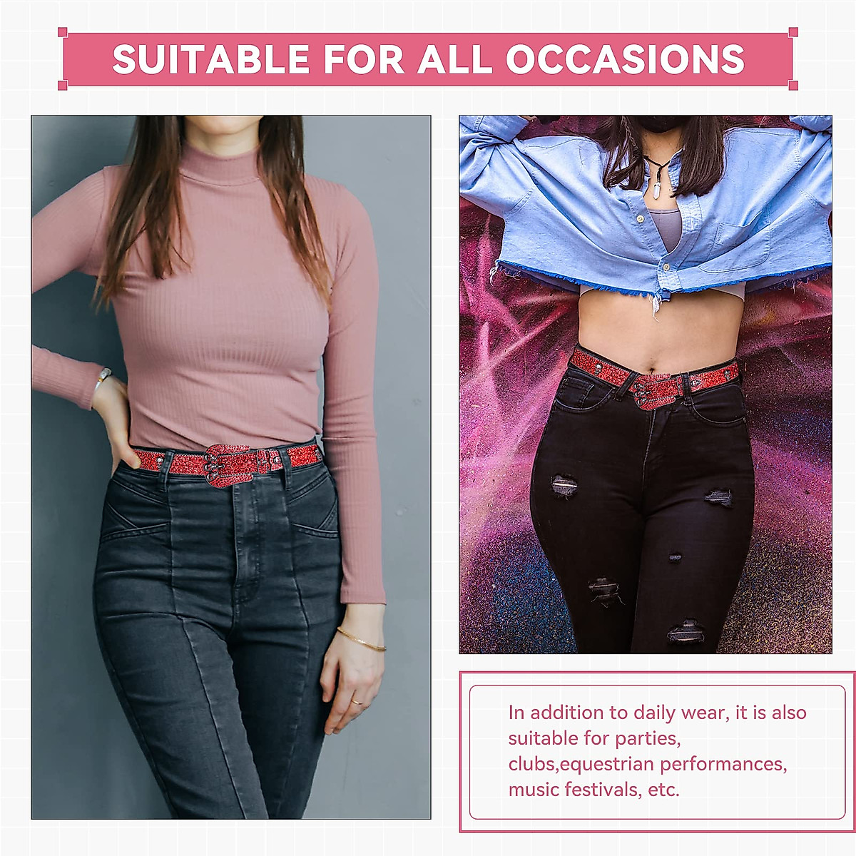 TINIDI Western Men Women Rhinestone Belts Bling Crystal Skulls Studded Diamond Leather Belt For Pants Jeans (42: fits waist from 30"-32", Red)