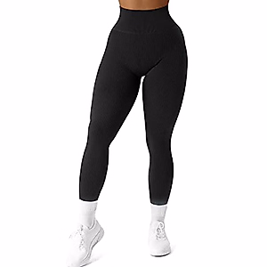 MOSHENGQI Womens High Waisted Seamless Ribbed Leggings Soft Slimming Yoga Pants(M,00-Black)