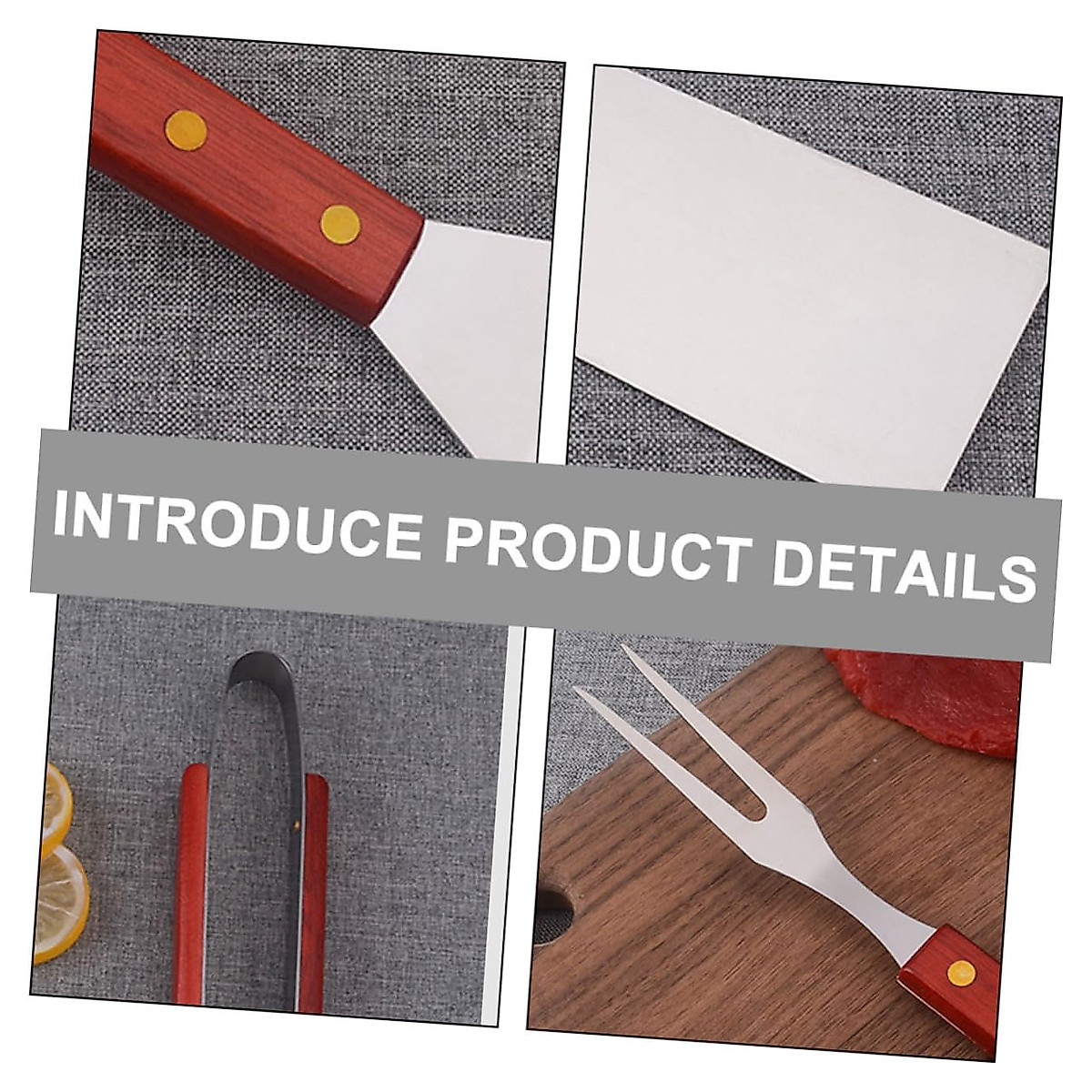 GANAZONO 3 Pcs Three Piece Barbecue Set Stainless Steel BBQ Tools Barbecue Roasting Sticks Grilling Barbeque Food Tongs BBQ Spatula Outdoor Accessories Grill Utensils Fork Wooden Major