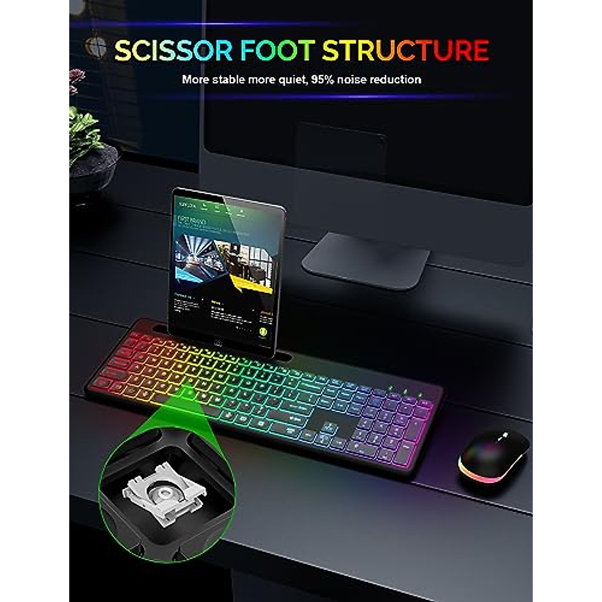Wireless Keyboard and Mouse with 15 Backlit Effects, Rechargeable Keyboard Mouse Combo with Phone Holder, 2.4G Lag-Free, Silent Light Up Keyboard & Mouse Set for Windows, Mac, PC, Laptop -by SABLUTE