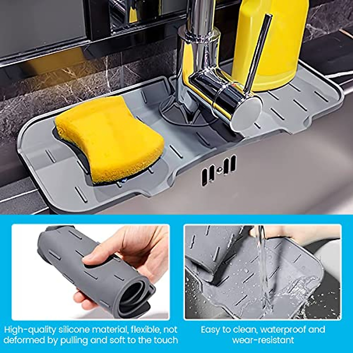 Silicone Faucet Handle Drip Catcher Tray,Sink Protectors for Kitchen Sink,Faucet Sink mats,Faucet Handle drip Catcher,Sink Splash Guard Accessories (Gray)