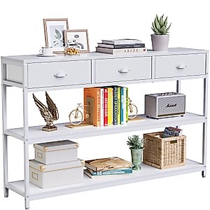 White Long 47" Console Sofa Table with 3 Drawers, Entryway Table with 3-Tier Storage Shelves, Display Shelf for Entry Way, Hallway, Couch, Living Room, Kitchen, Foyer