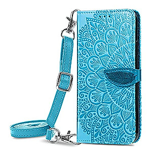 ONV Wallet Case for Oppo A12-1.5M Adjustable Strap Emboss Feather Flip Phone Case Card Slot Magnet Leather Shell Flip Stand Cover for Oppo A7 / Oppo A5S / Oppo AX5S / Oppo A12 [MZY] -Blue