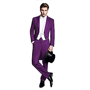 Sxfashbrd Mens Long Suit Tailcoat Set 3 Piece Slim Fit Jacket Tuxedos Blazer Suits Men for Wedding Formal Party Purple