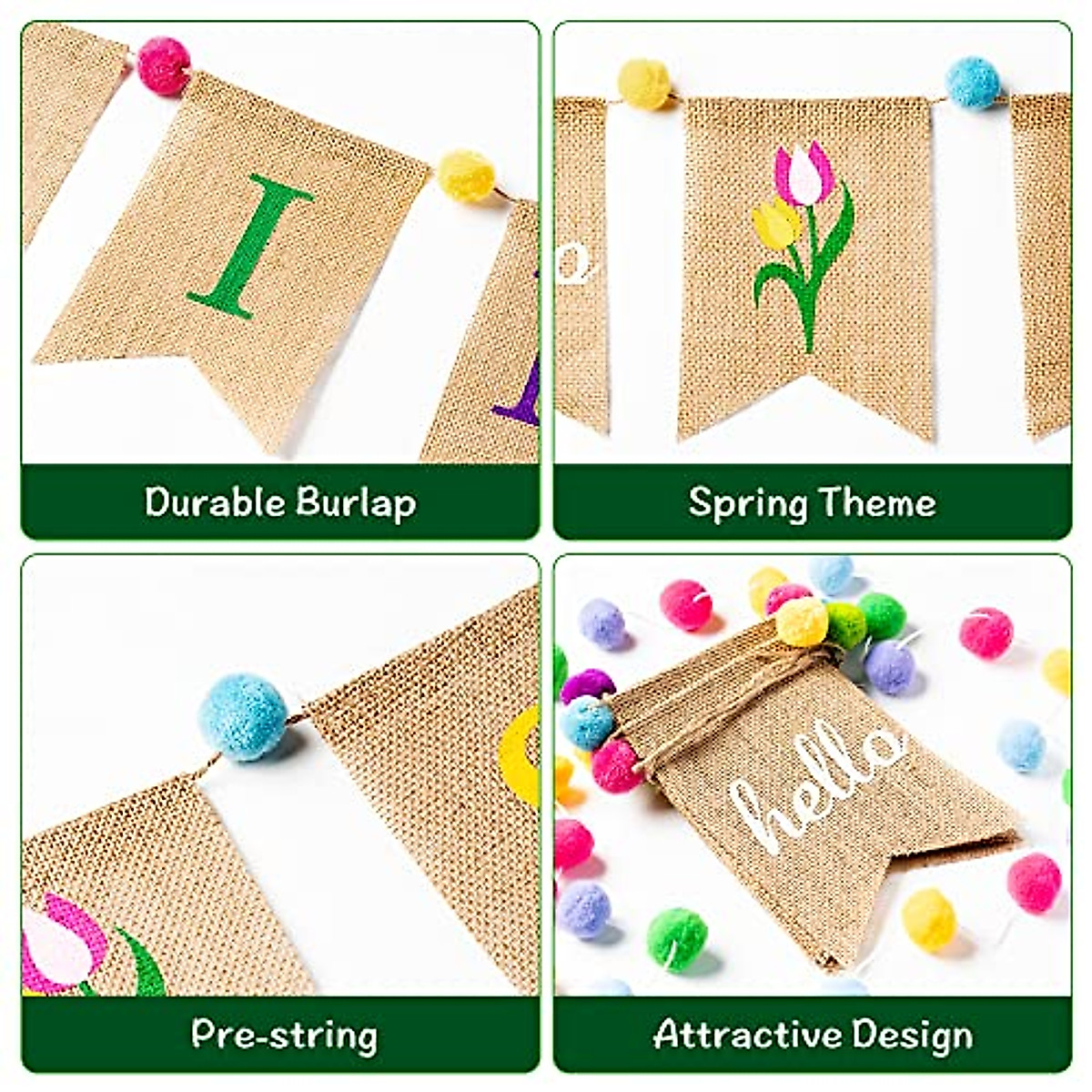 WATINC 2pcs Hello Spring Burlap Banner Pom Pom Garland Set, Happy Spring Bunting Garland with Flower, Rustic Spring Theme Party Banner Hanging Decorations for Mantle Fireplace Home Wall Decor Supplies