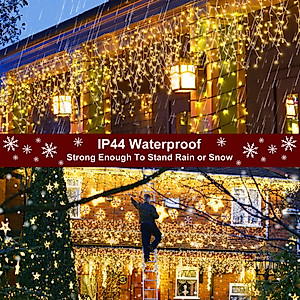 MO QIU E 456 LED Christmas Icicle Lights Outdoor Decor 35.4Ft 72 Drops 8 Modes Plug In Window Curtain Fairy String Dripping Light Decoration Home Holiday Indoor Eave Garden (Warm White)