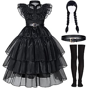 Wednesday Addams Dress Up Costume for Girls Birthday Halloween Cosplay Party with Wig Socks Belts 10-11 Years (150cm)
