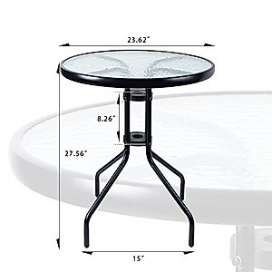 Vipush 24" Outdoor Bistro Table Round Patio Side Table Dining Table with Glass Table Top Metal Coffee Table for Lawn Garden Pool Steel Frame Commercial Party Table Black