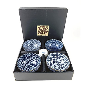 JapanBargain 4686, Japanese Porcelain Rice Bowls Gift Set, Traditional Japanese Inspired Pattern Miso Soup Bowls, Blue Color Salad, Set of 5, Made in Japan
