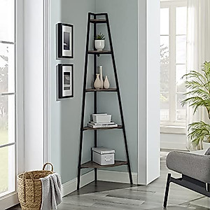 Walker Edison Freya Modern Industrial 5-Shelf Metal and Wood Corner Bookcase, 72 Inch, Grey Wash